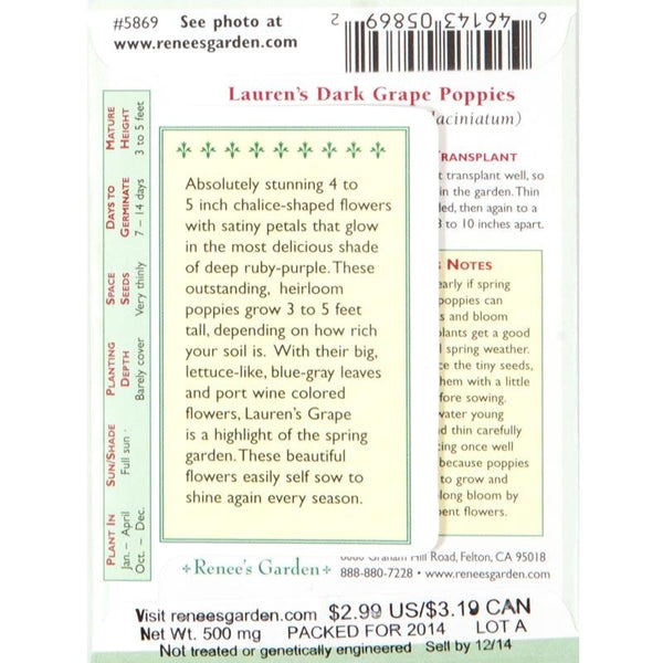 Renee's Garden Poppy California Lauren's Dark Grape Heirloom – Grow Organic